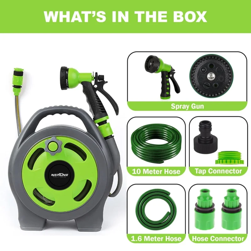 Neptune Mini Hose Reel | 10M Heavy Duty Hose | Versatile 7-in-1 Spray ...